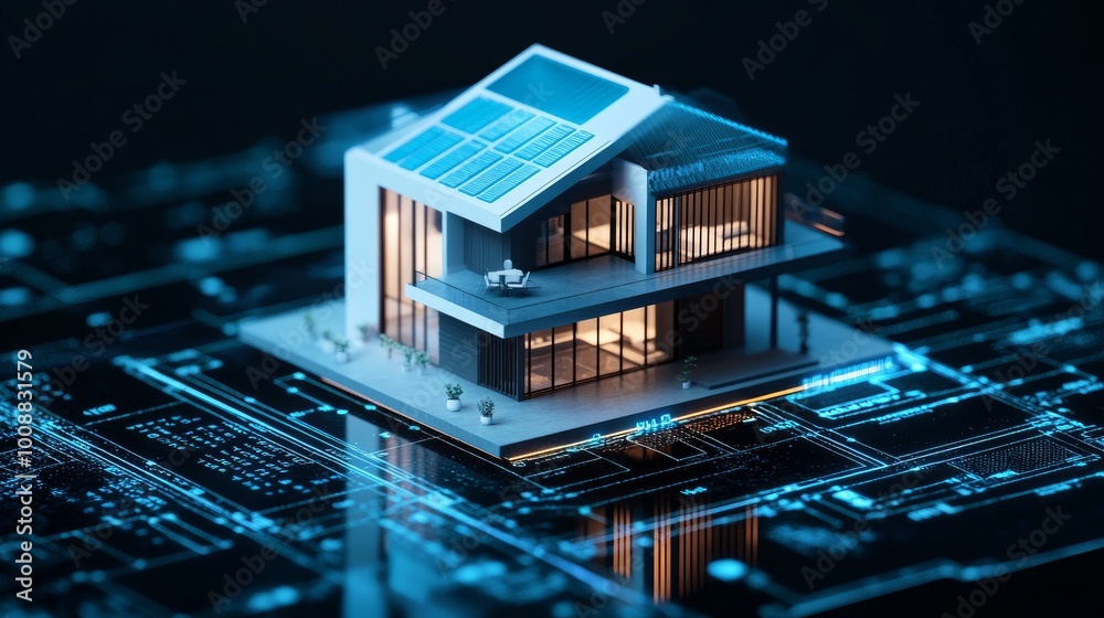 Smart home or IoT technology concept A 3D scale model of a contemporary ...