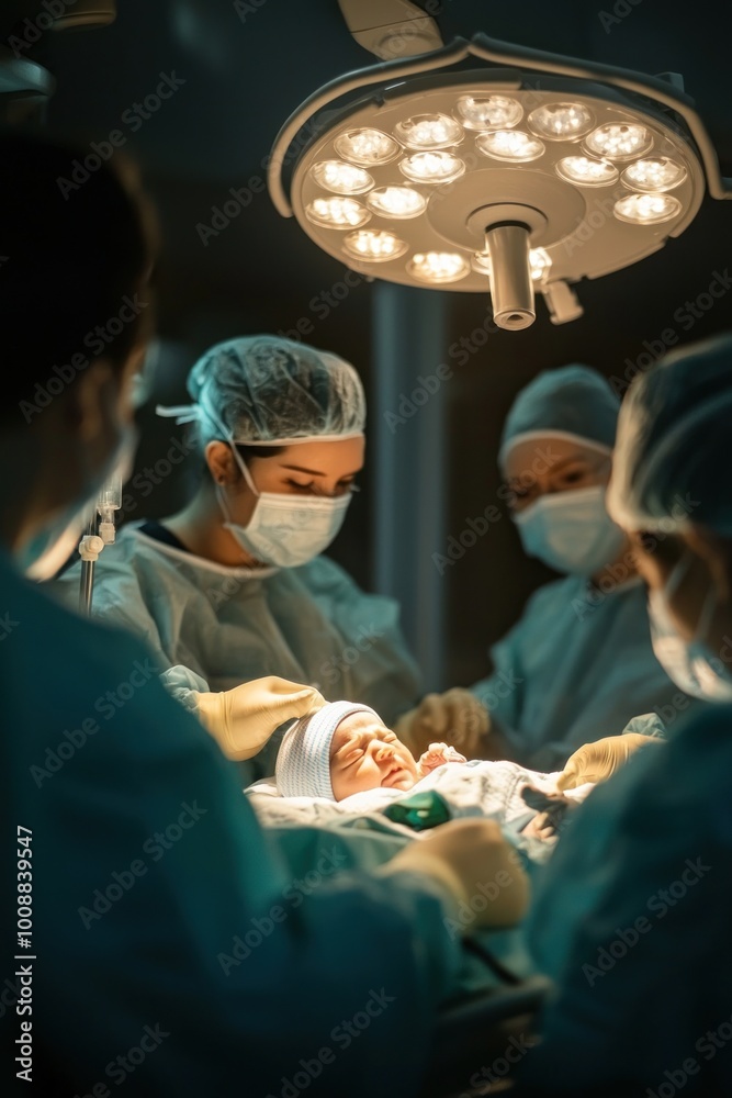 Newborn baby in operating room, hands and feet visible. Newborn baby is ...