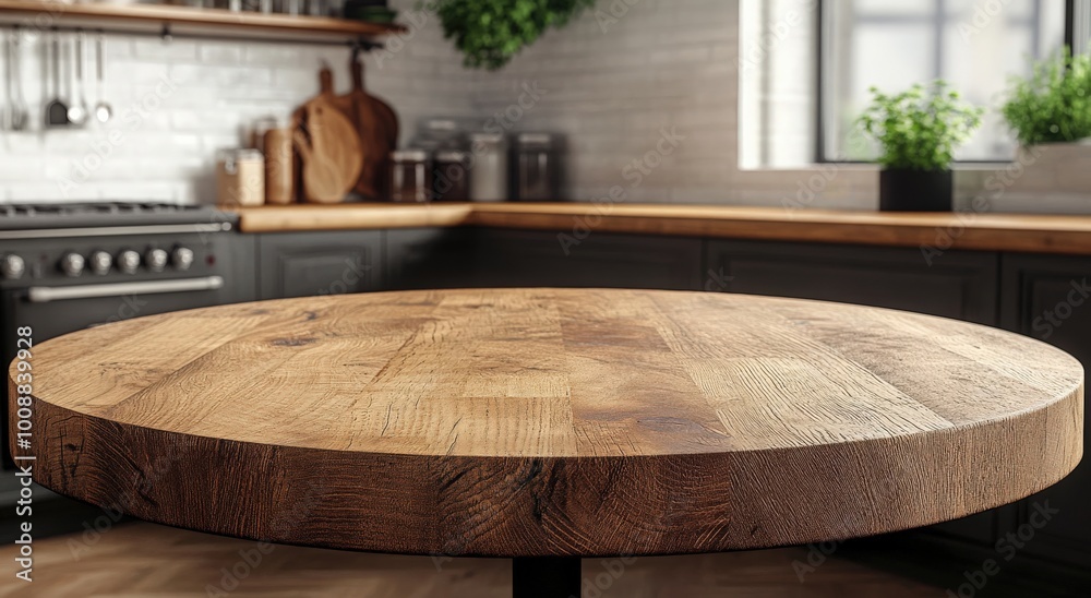 Stylish and unoccupied round wooden tabletop in a modern kitchen ...