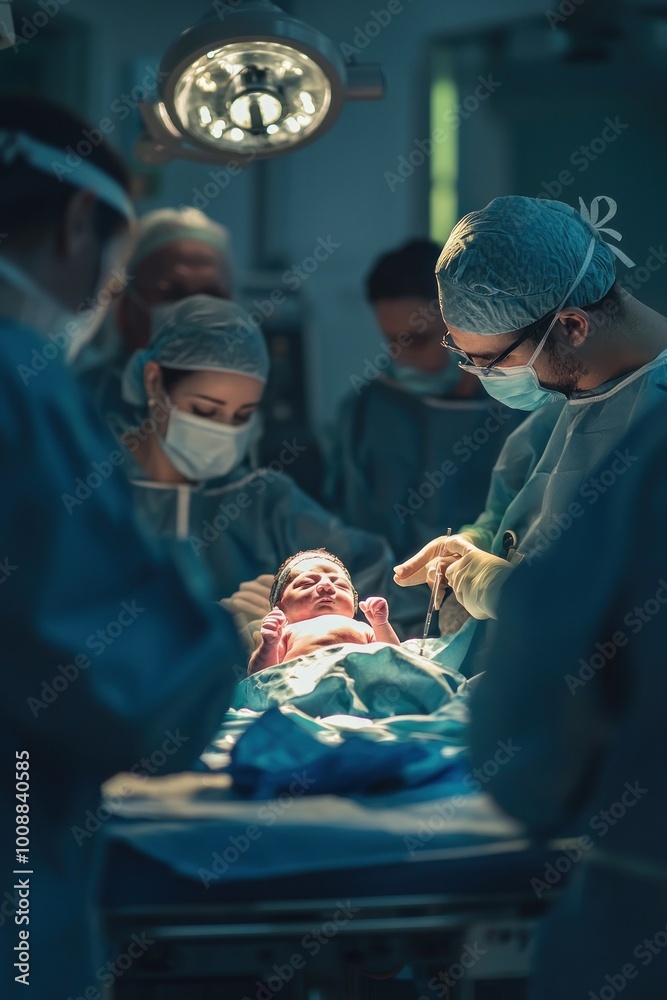 Newborn Baby In The Cesarean Section Childbirth In Operation Room C