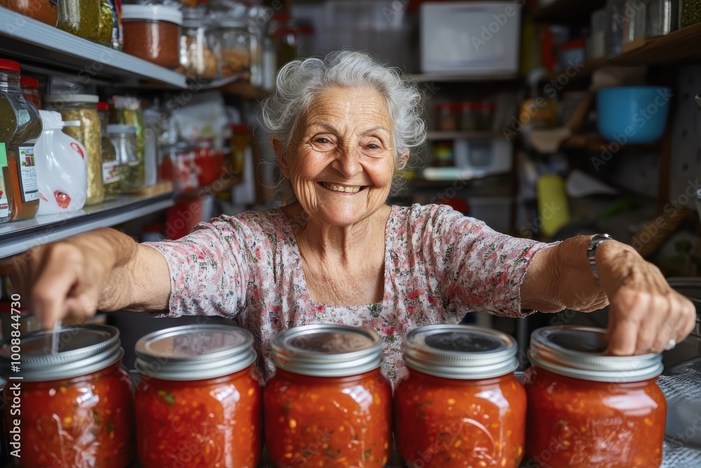 A delighted senior woman wearing a floral dress holds freshly canned ...