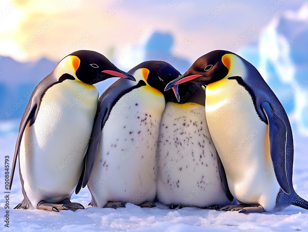 Four emperor penguins standing together on snow with icy background ...