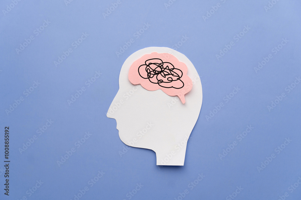 Poster Human head with brain as tangled messy single line on blue ...