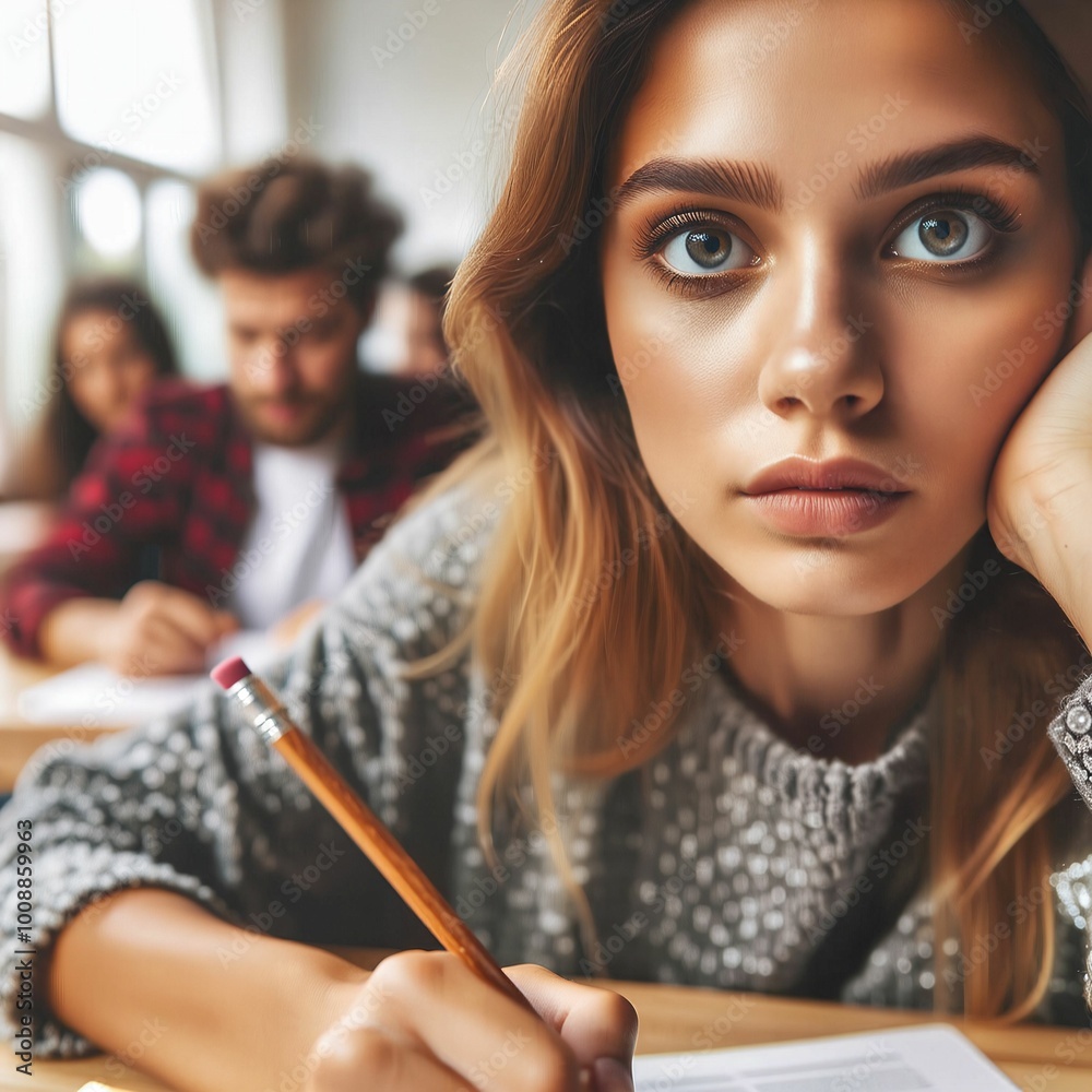 A student sits in a classroom during an exam, her face showing signs of ...