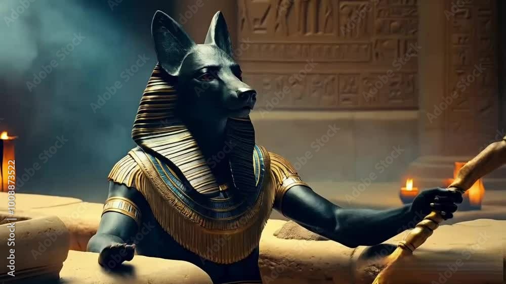Anubis, God of the Underworld, holding the scales of judgment ...