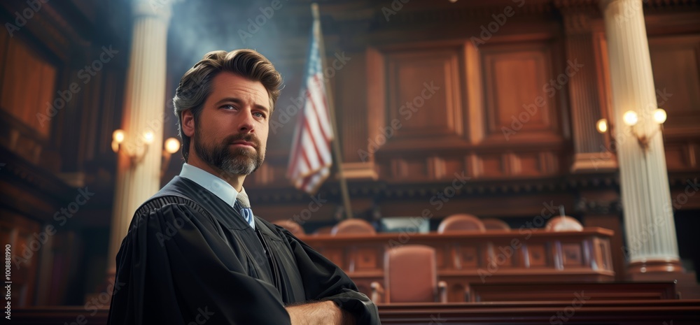 A judge standing confidently in a historic courtroom with wooden ...