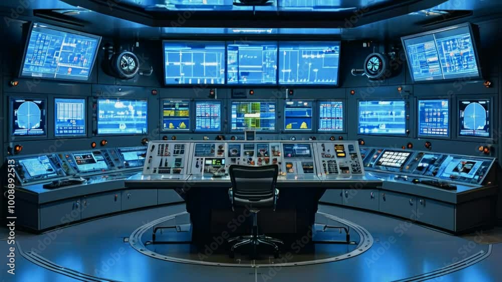 A modern control room with multiple screens and control panels for ...
