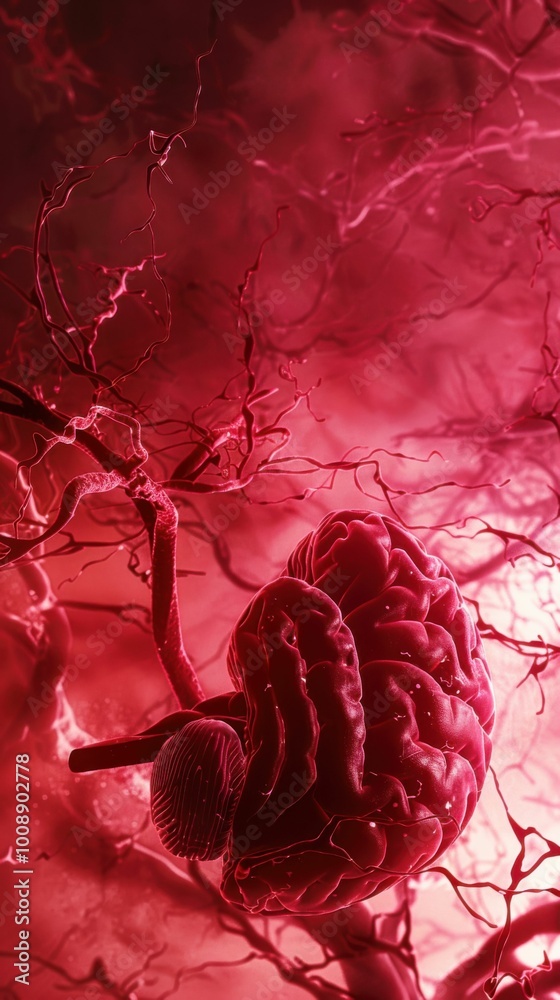 A brain is shown in red with a lot of blood vessels surrounding it. The ...