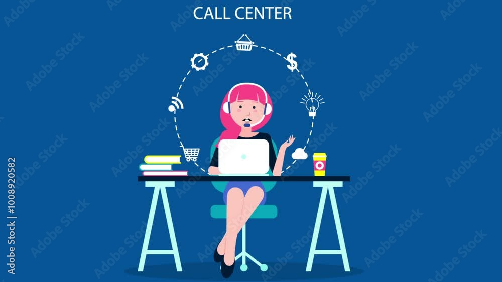 Office Operator With Headset Talking With Clients 2D Cartoon Animation ...