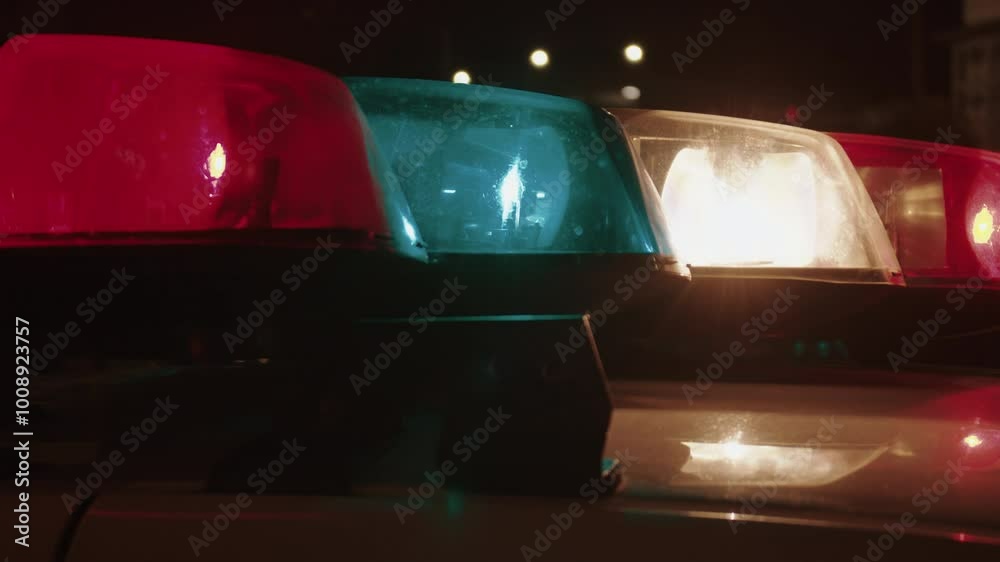 Close-up of flashing police car lights at night. Red, blue, yellow and ...