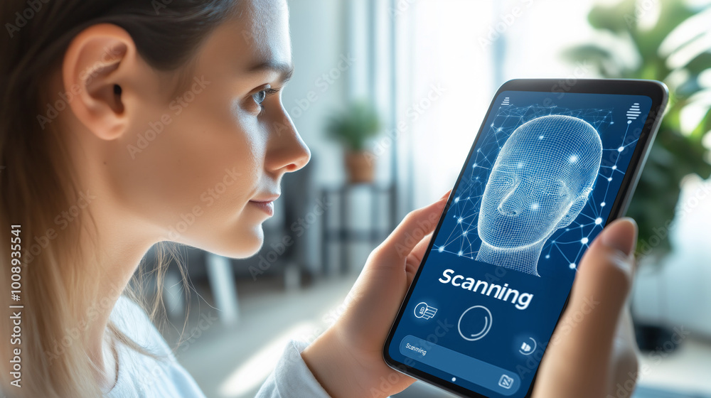 Woman using facial recognition on smartphone. Biometric security, AI ...
