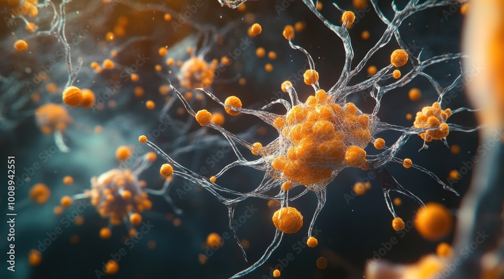 A close-up, realistic view of cells and axons in the brain, showing ...