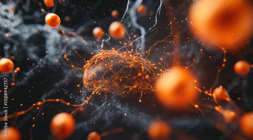 A close-up, realistic view of cells and axons in the brain, showing ...