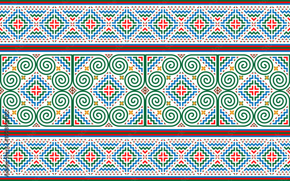 Hmong ethnic patterns designed in green, blue, and red tones that are ...