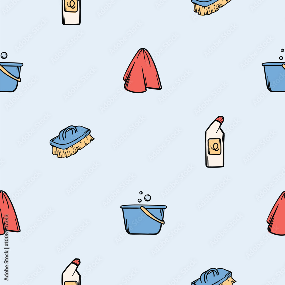 Simple seamless pattern with detergents, bucket, rag. Vector background ...