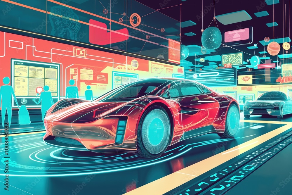 Illustration of futuristic autonomous vehicle with advanced software ...