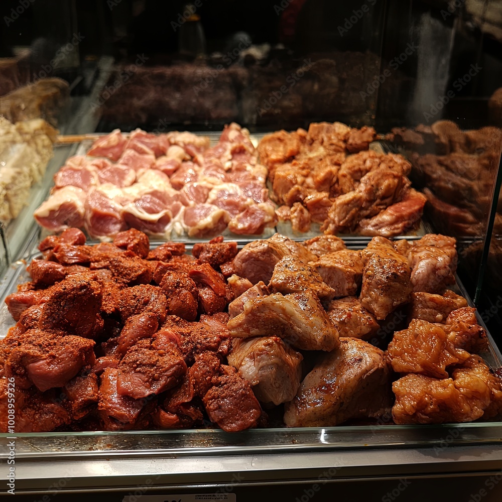 Raw meat for barbecue and kebab on a store window. Spiced meat. Chicken ...