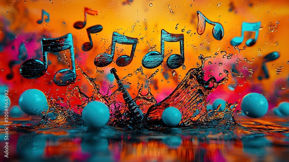Splash of water with musical notes emerging, water with notes in ...