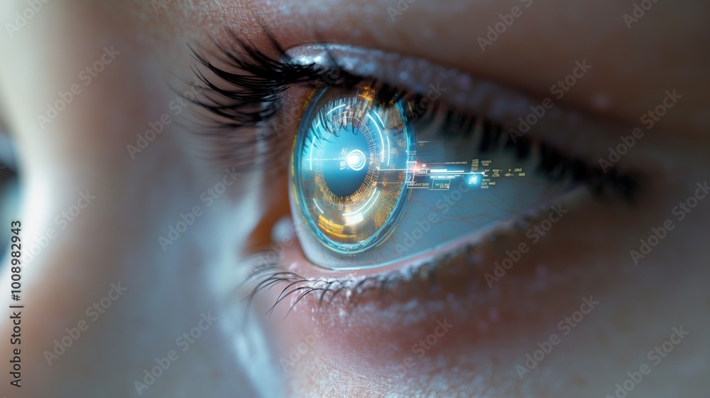 Close-up of woman eye with smart contact lens featuring digital ...