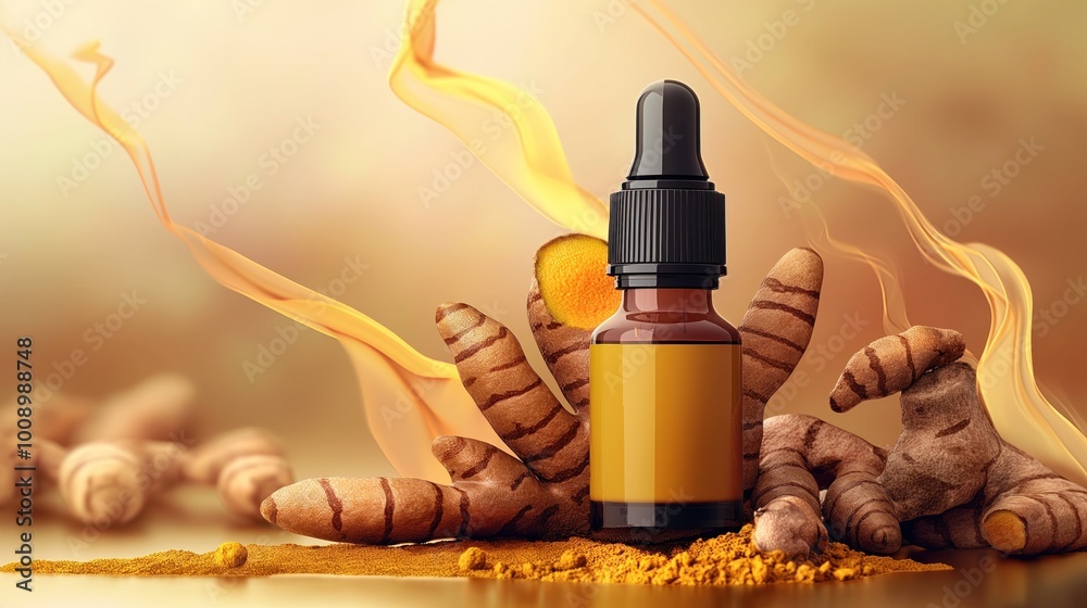 Brighten, even skin tone with turmeric extract serum. Illustration ...