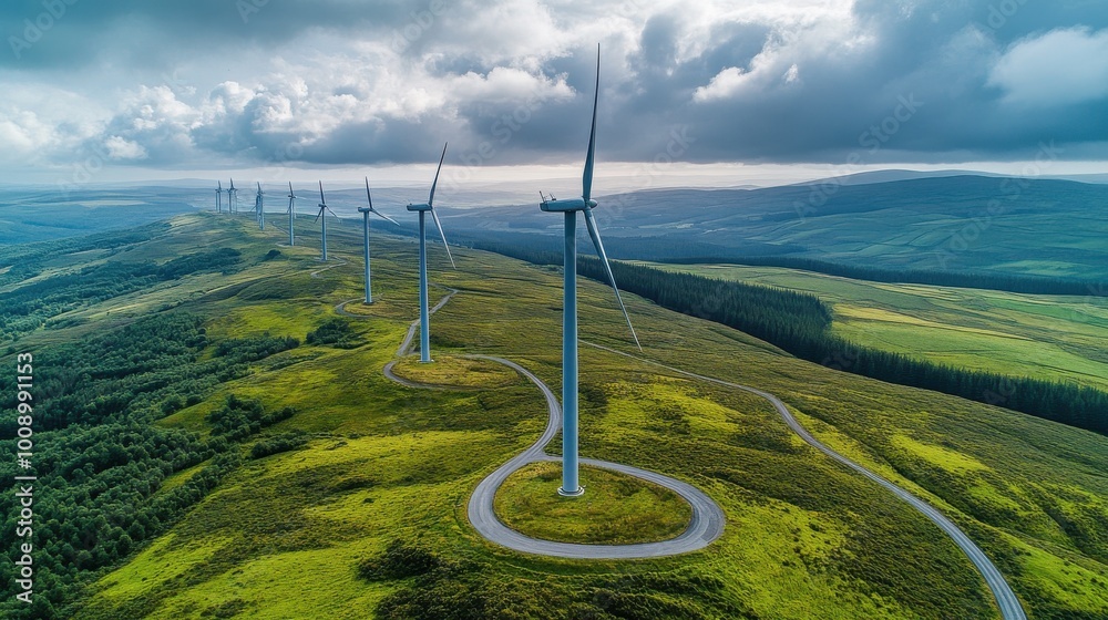 Aerial view of a wind farm on rolling hills, with turbines aligned in ...