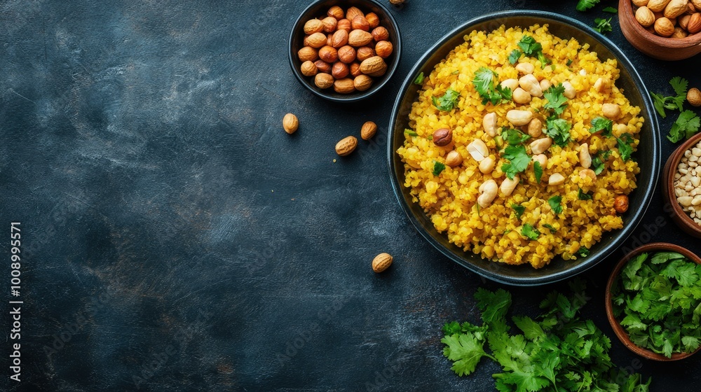 Flat lay of Indian poha with peanuts and coriander, with space for text ...