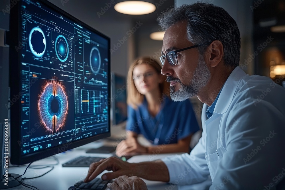 An optometrist explaining eye care to a patient, showing them test ...