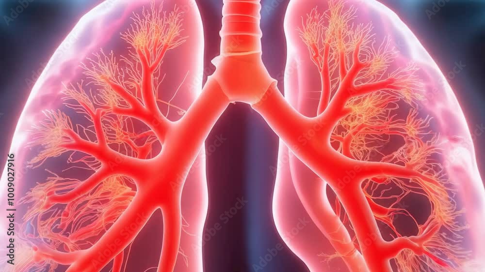 A vibrant anatomical illustration of human lungs, highlighting bronchi ...