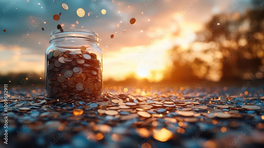 jar overflowing with coins representing savings and investment ...