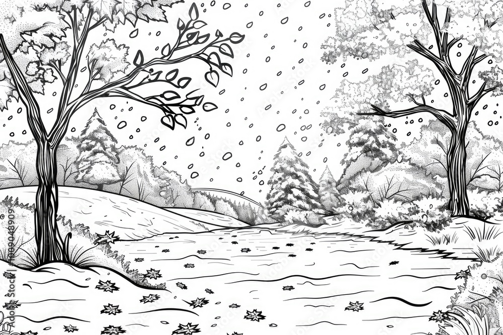 Coloring book illustration of a magical winter landscape with the first ...