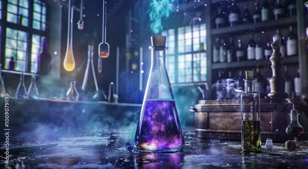 Mystical laboratory scene with glass vial of mysterious serum. Colored ...
