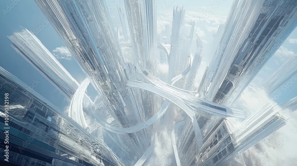 Skyscrapers suspended in mid-air, their forms bending and curving ...