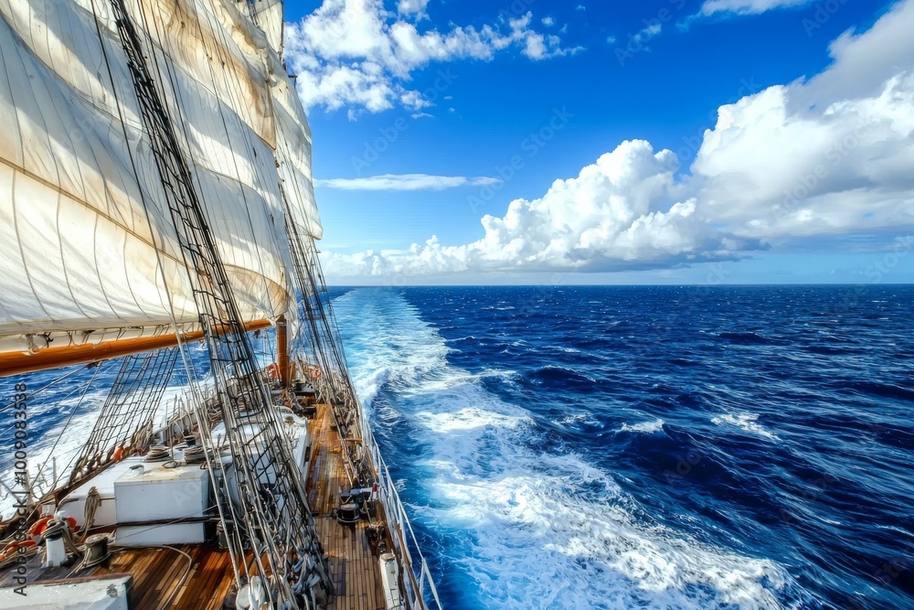 photograph of ship sailing from left buttom corner to left top corner ...