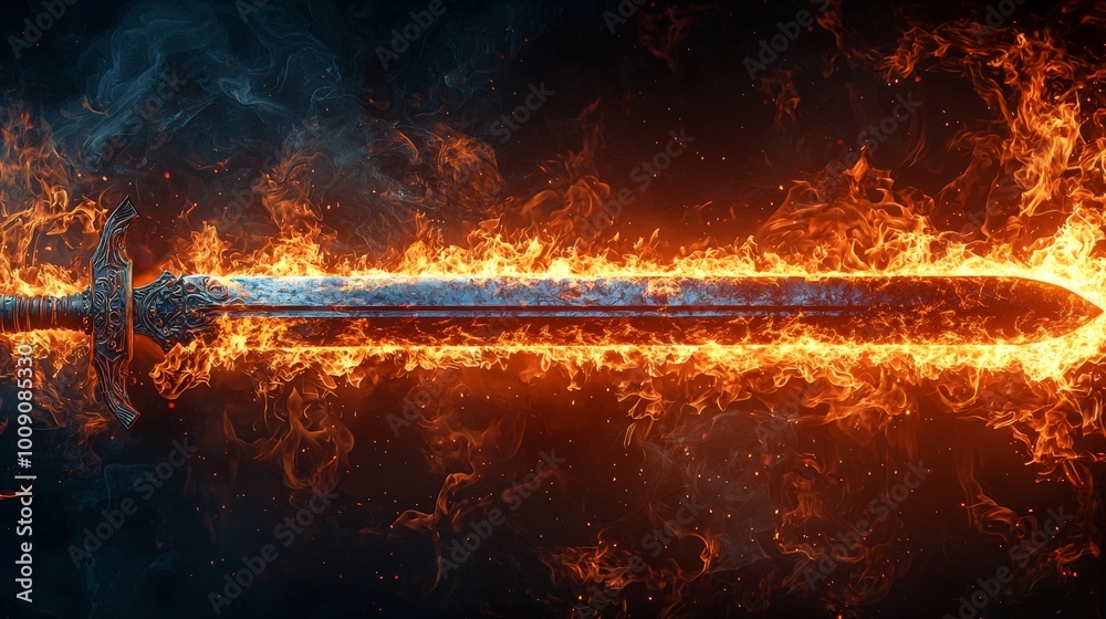 A fiery sword with intricate hilt details burns intensely, surrounded ...