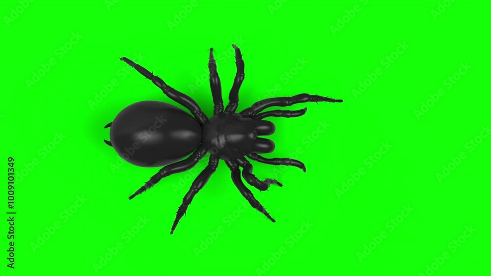 Top down view of big black spider with big fangs and hairy legs walk ...