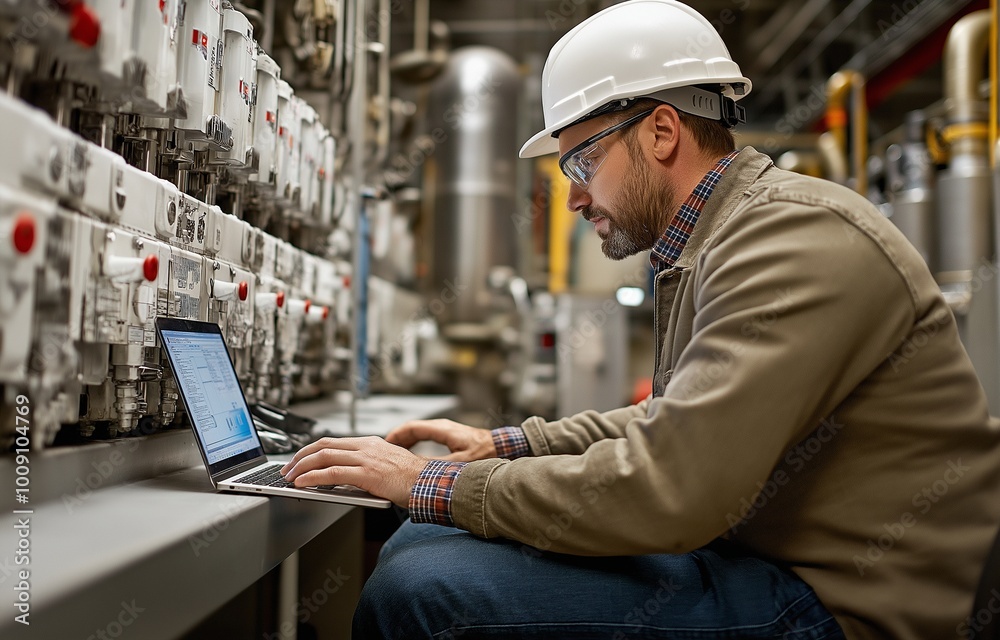 An engineer with a hard helmet sits at a desk with a laptop, checking ...