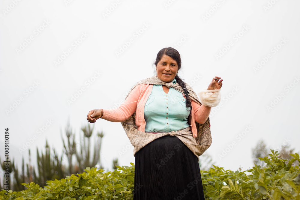 Mujer andina latinoamericana haciendo hilados de lana de oveja en el ...