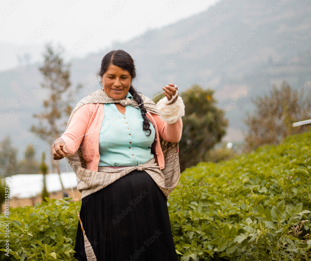 Mujer andina latinoamericana haciendo hilados de lana de oveja en el ...
