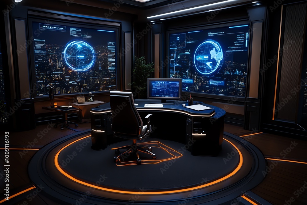 3D digital model of a futuristic office, where holographic screens ...