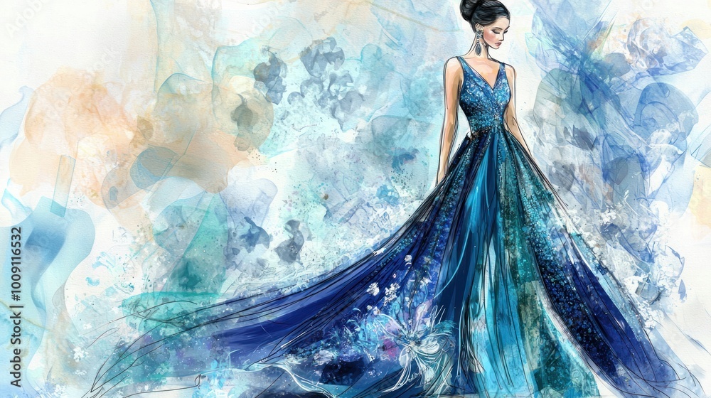 Detailed fashion sketch of a modern evening dress with intricate ...