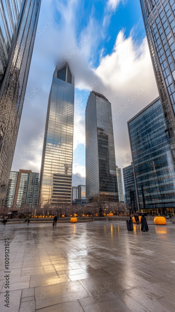 Abandoned skyscraper with glowing pumpkins peering from every floor ...