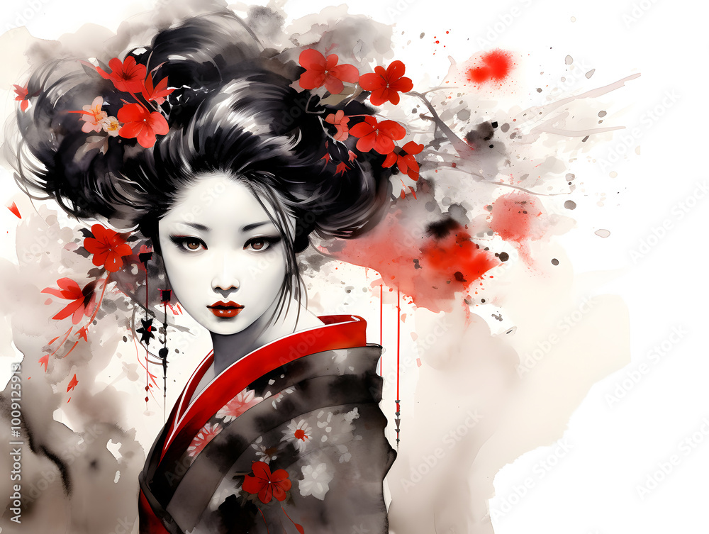 Japanese girl - geisha with painted white face traditional makeup on ...