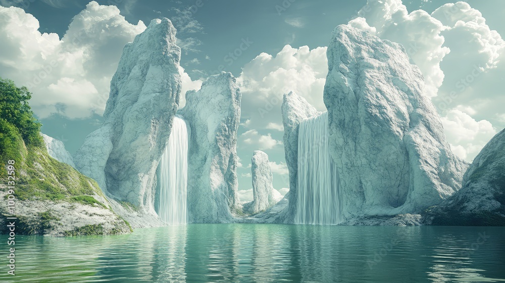 Enormous marble mountains float serenely over a quiet sea, their ...