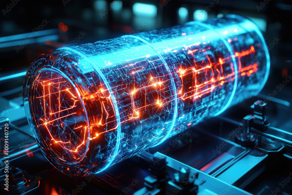 futuristic battery design with glowing blue and orange circuitry ...