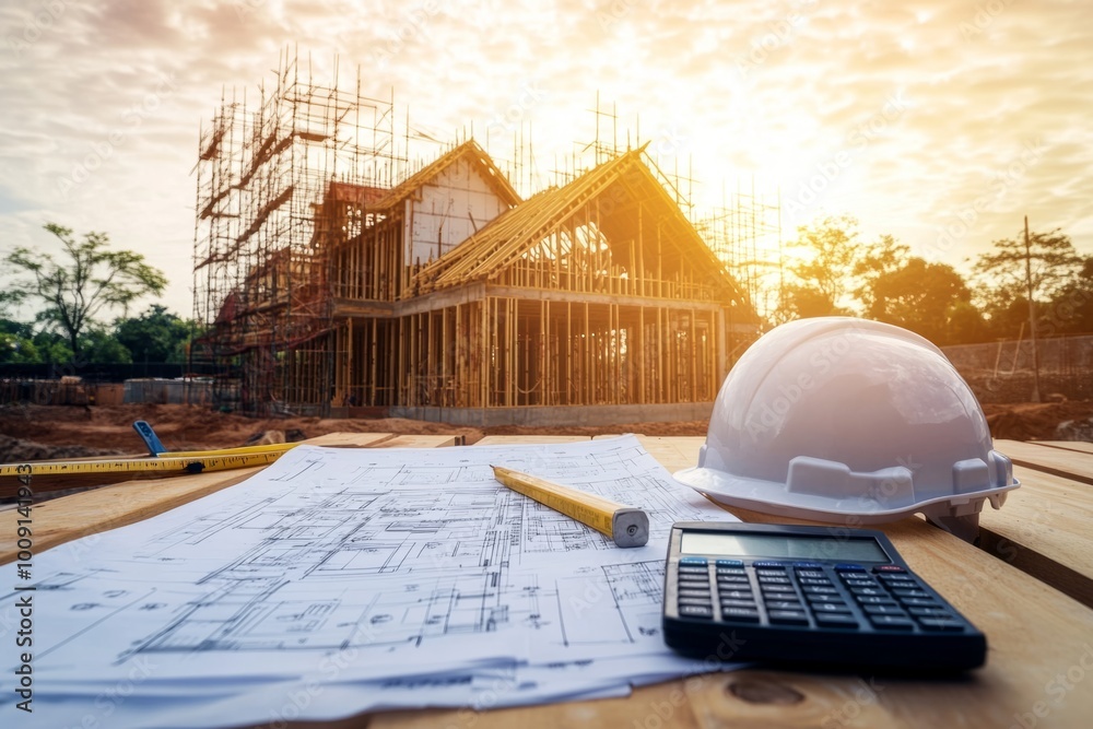 Construction site with blueprints and equipment. A hard hat and ...