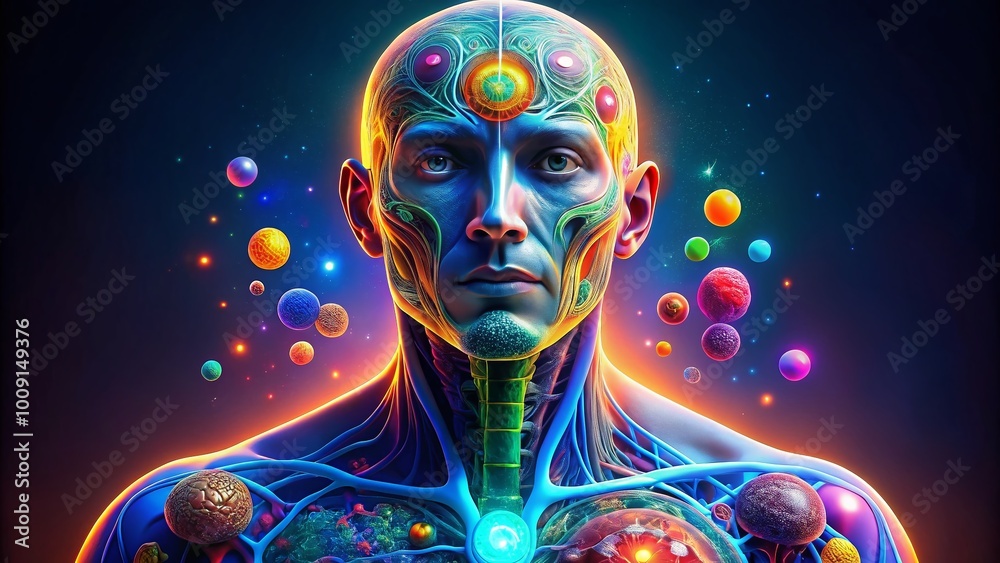 Colorful illustration of human endocrine system anatomy including ...