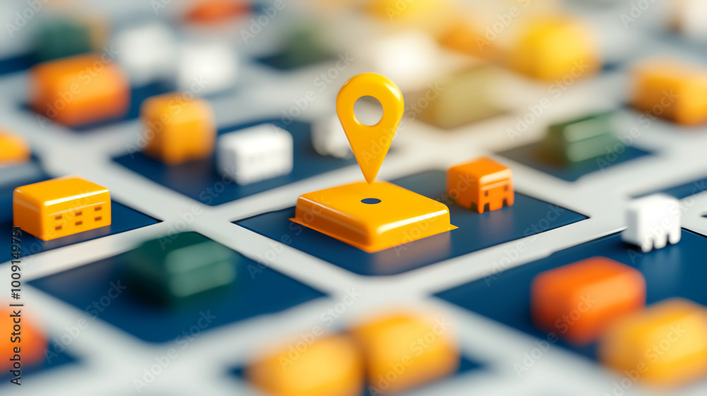 Brightly colored map markers on a digital map layout, featuring a ...