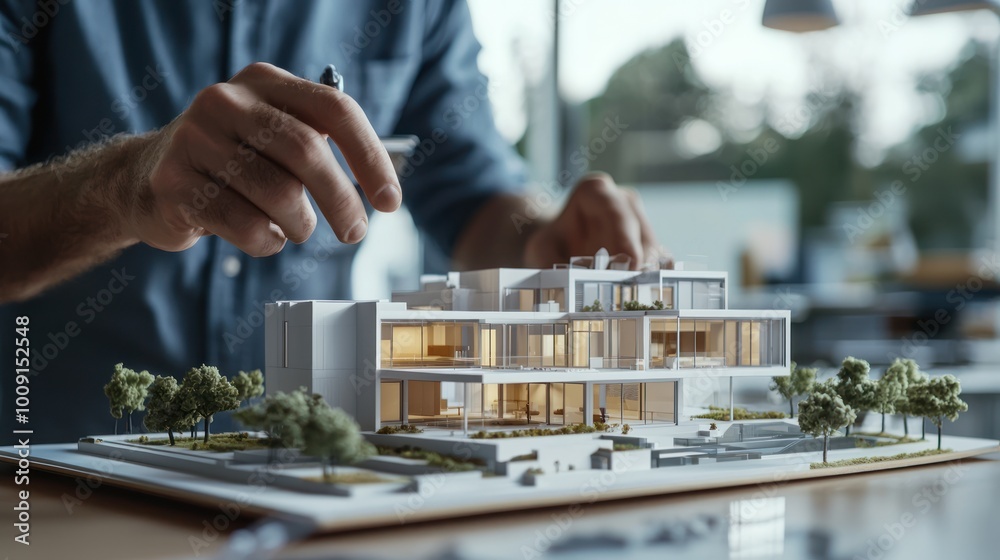 Architect presenting a 3D model of a new construction project with a ...