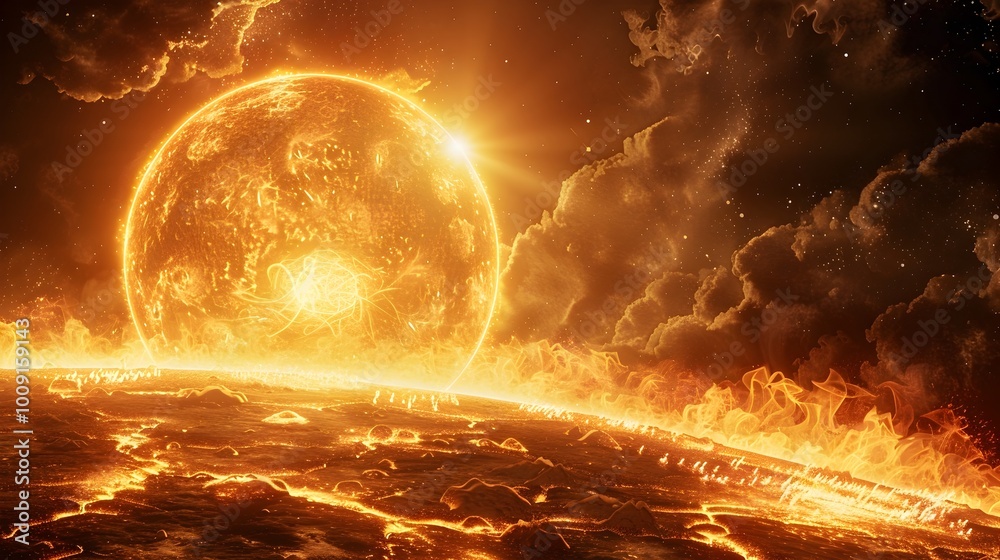 Fiery Cosmic Oasis Surreal Sun as Glowing Celestial Haven for Beings of ...