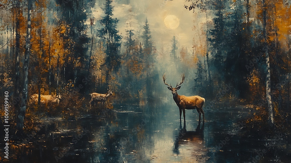 38. A wildlife scene where animals roam through a forest portrait ...